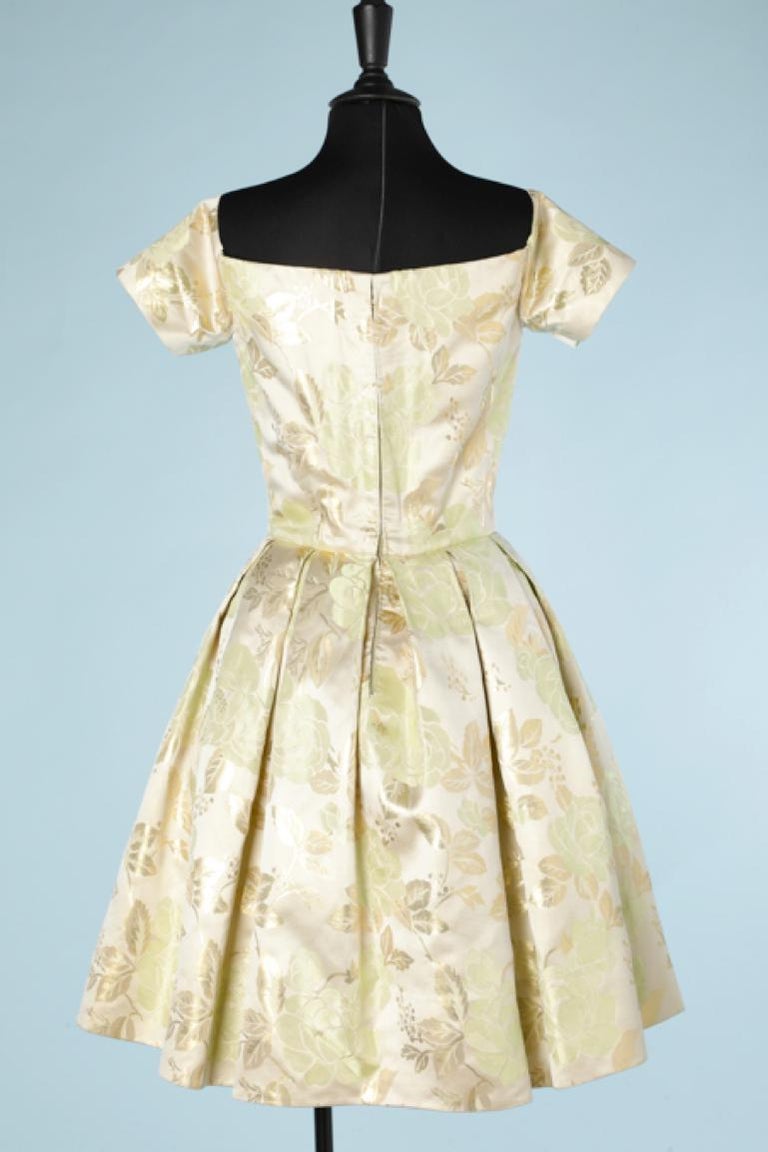 Pale yellow and grey silk brocade cocktail dress with flower pattern ...