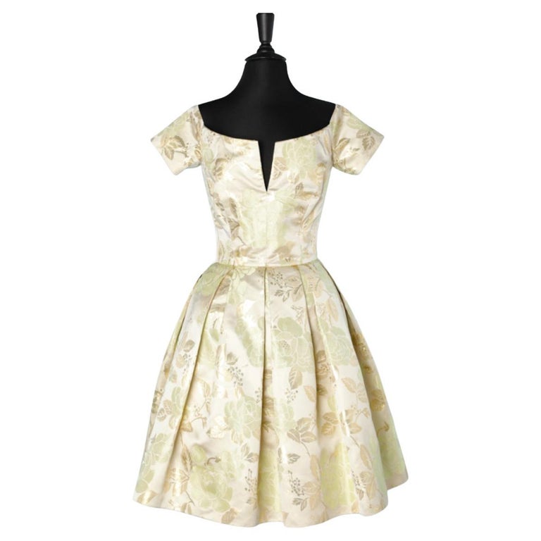 Pale yellow and grey silk brocade cocktail dress with flower pattern ...