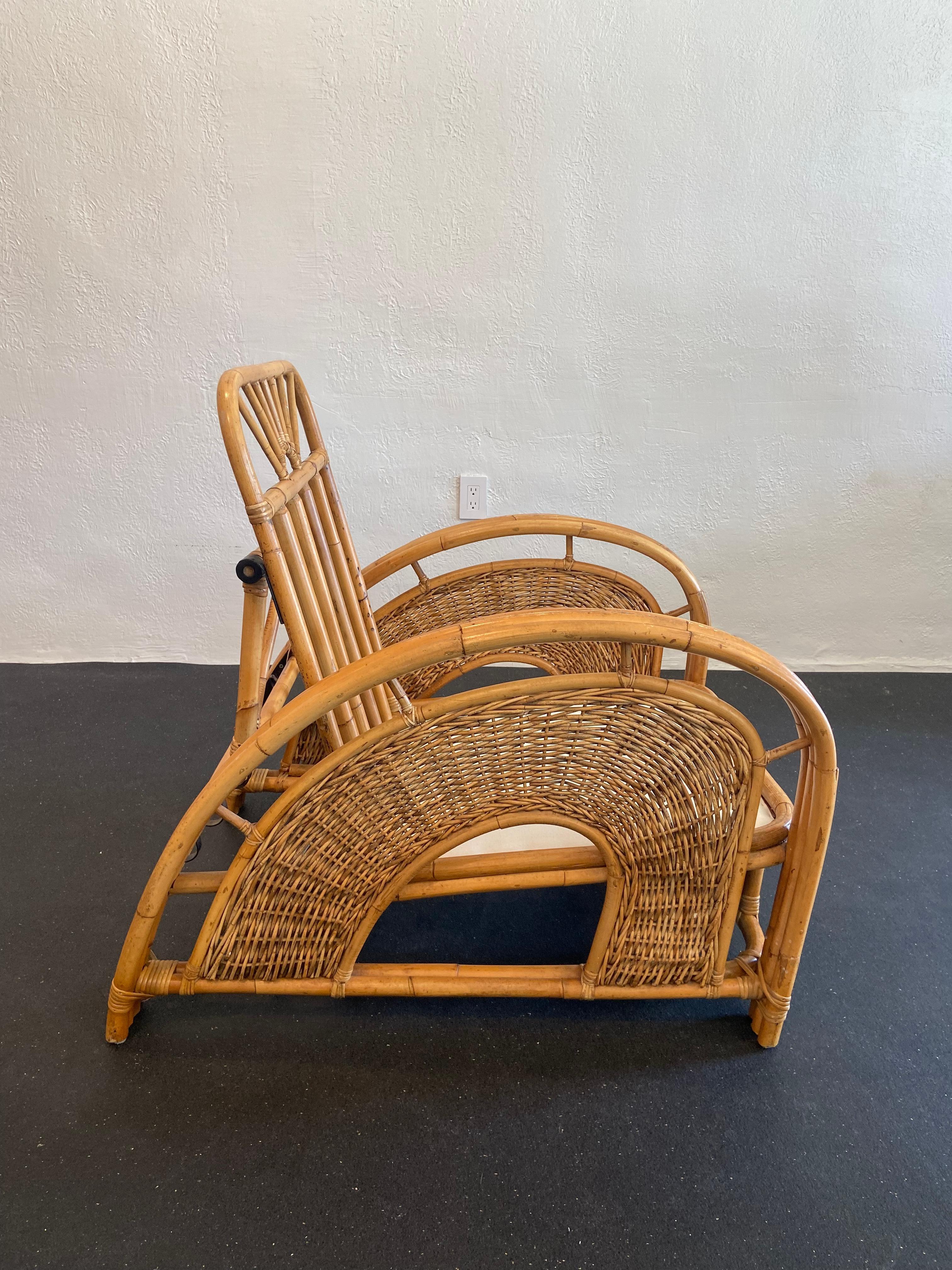 Palecek Rattan and Cane Wrapped Reclining Lounge Chairs with Ottomans ...