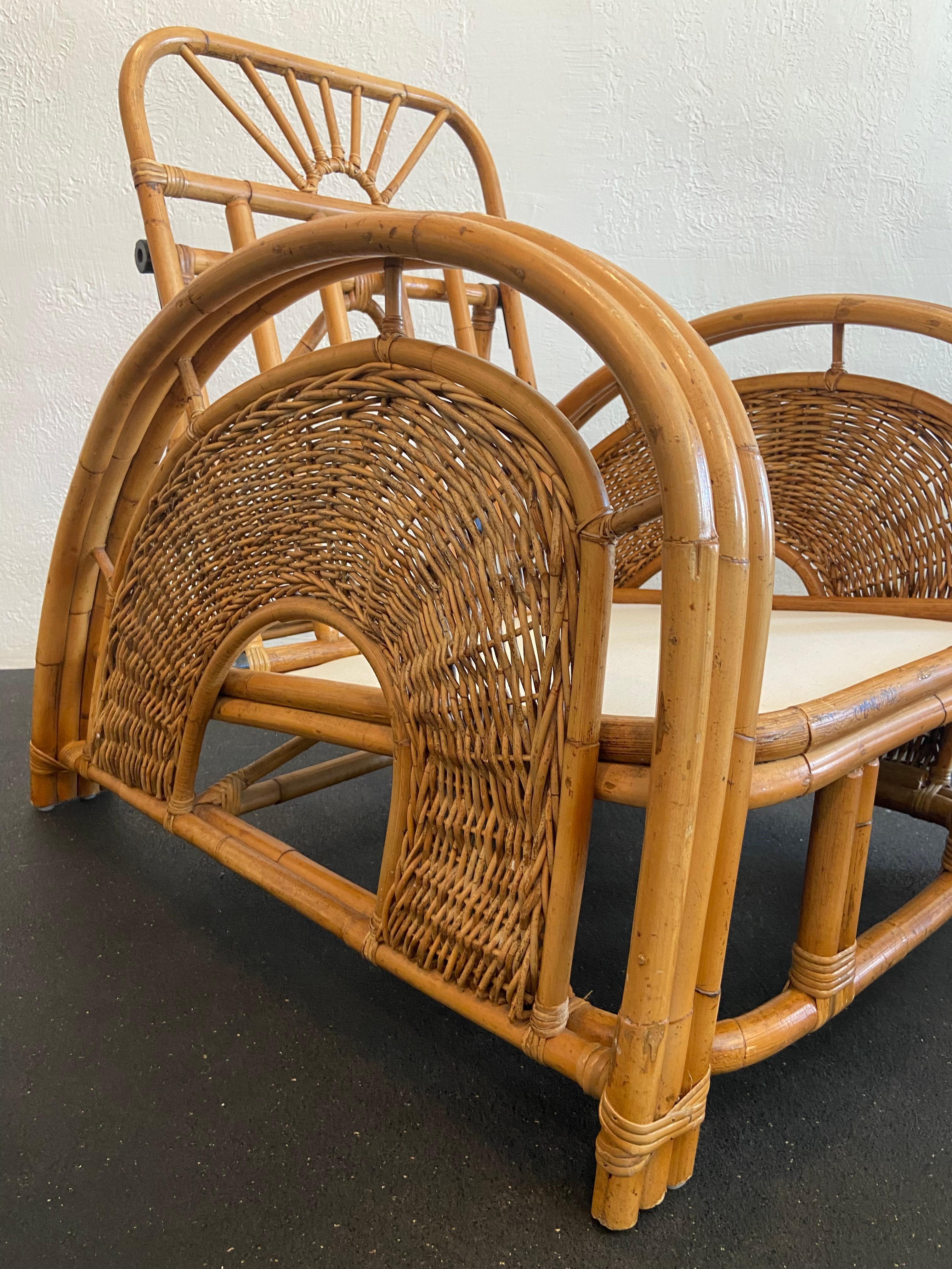 Palecek Rattan and Cane Wrapped Reclining Lounge Chairs with Ottomans ...