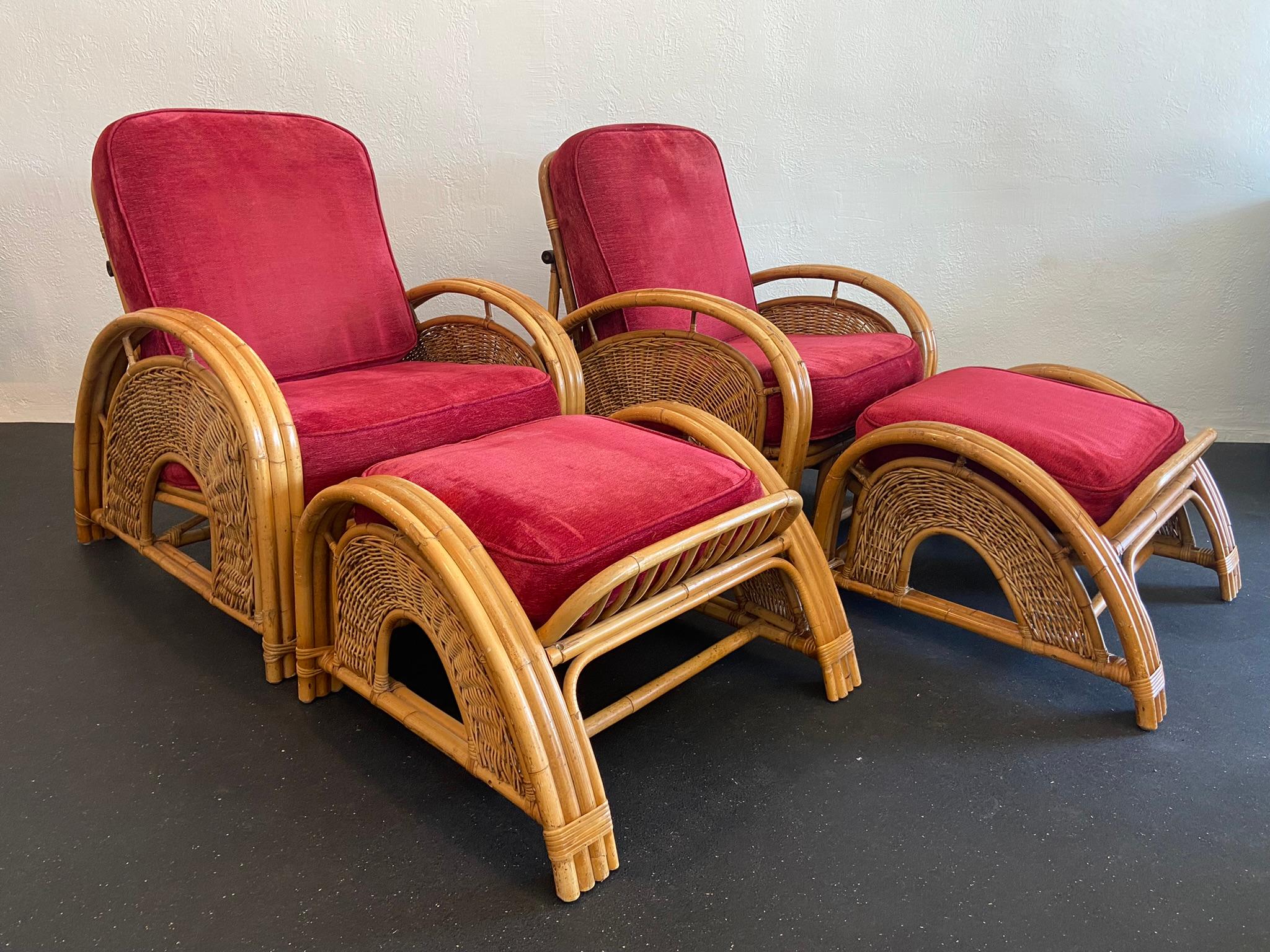 Palecek Rattan and Cane Wrapped Reclining Lounge Chairs with Ottomans ...