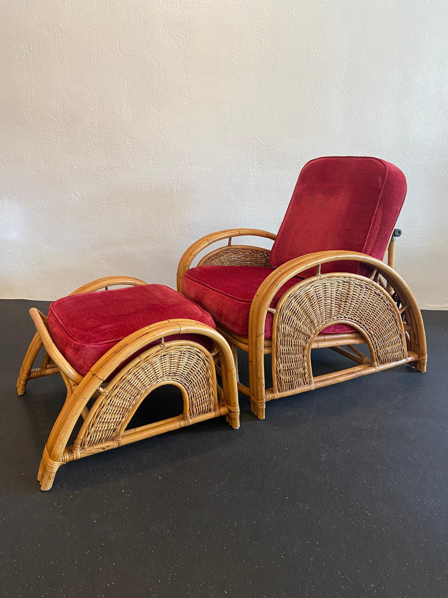 Palecek Rattan and Cane Wrapped Reclining Lounge Chairs with Ottomans ...