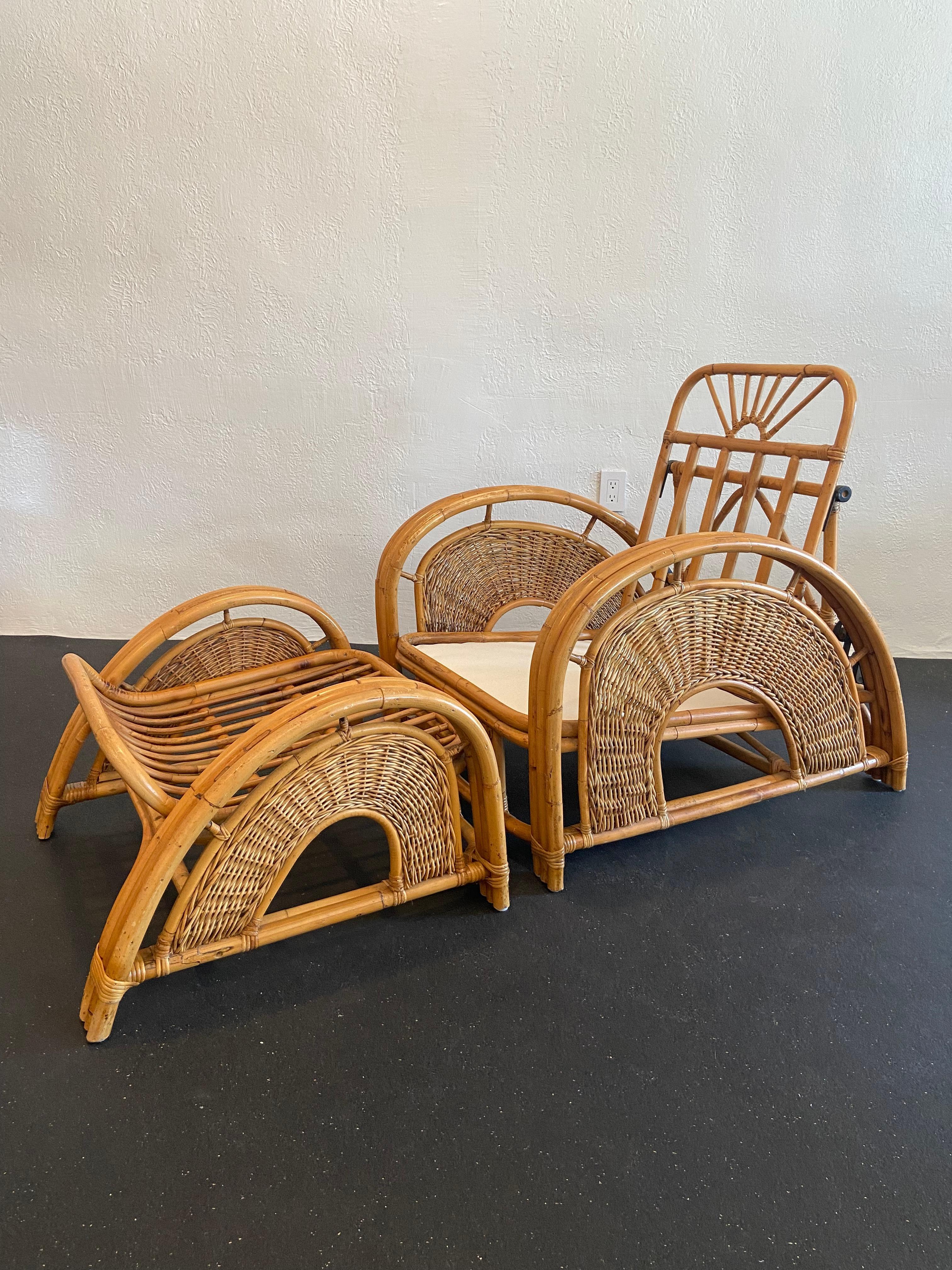Palecek Rattan and Cane Wrapped Reclining Lounge Chairs with Ottomans ...