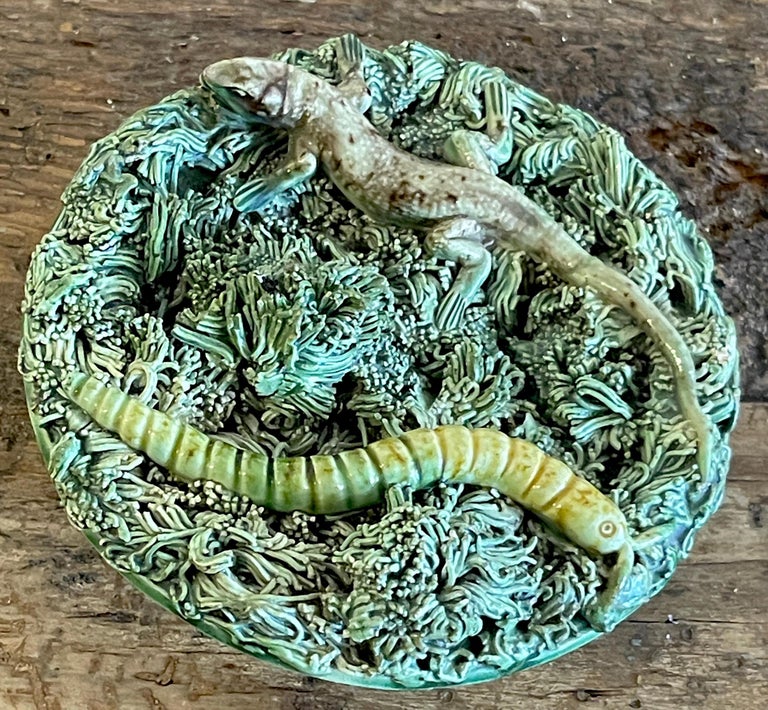 Palissy Majolica Aesthetic Miniature Plate, Caterpillar and Lizard For ...