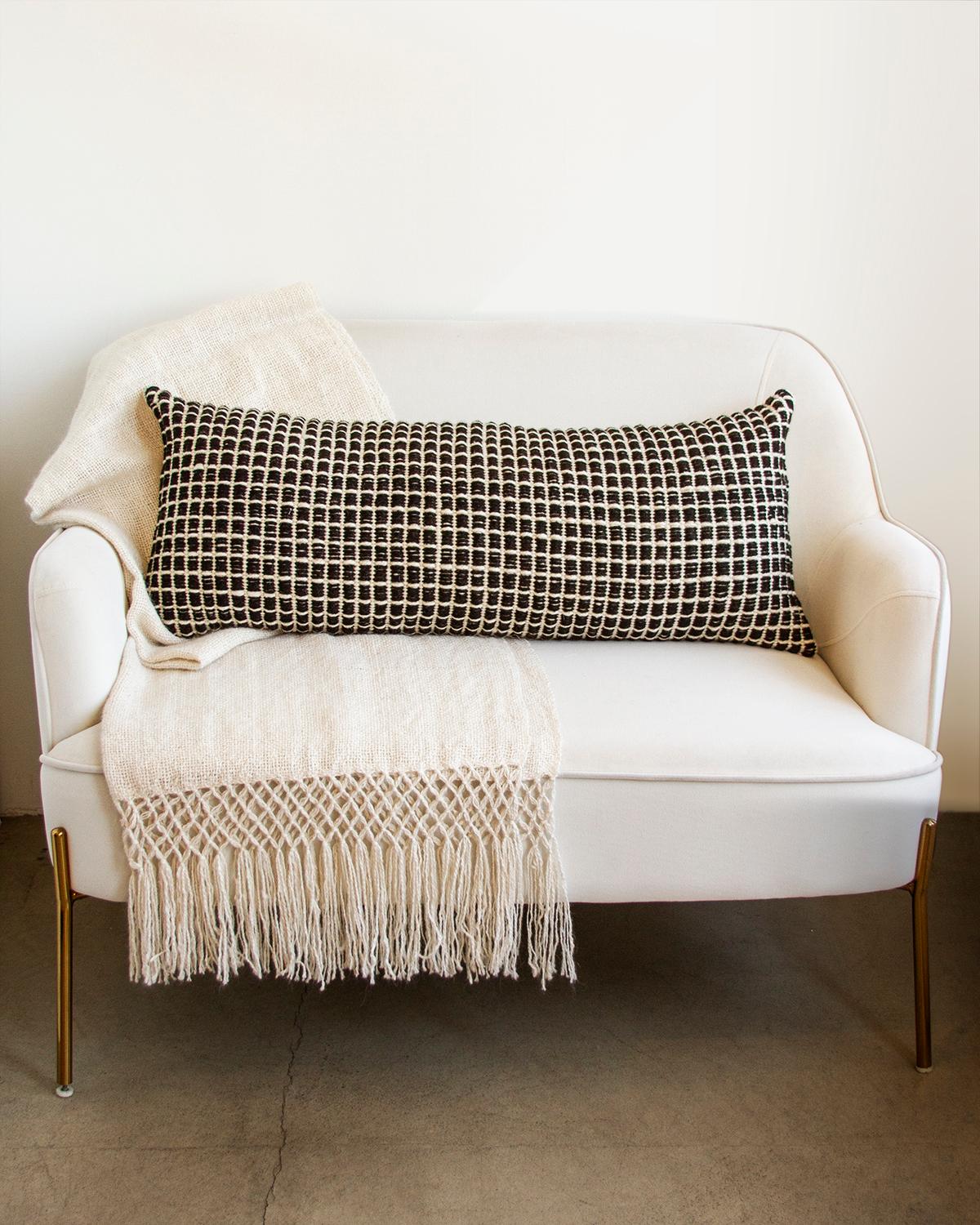 Panal Large Lumbar Wool Throw Pillow in Black and White - Handwoven For ...