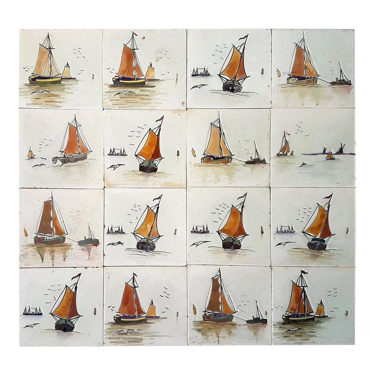 Panel of 16 Old French Hand Painted Tiles by Helman, 1930s at 1stDibs ...