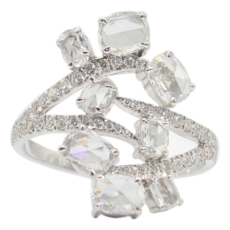 PANIM 1.39 Carat Oval Diamond Rosecut 18k White Gold Floral Ring For ...