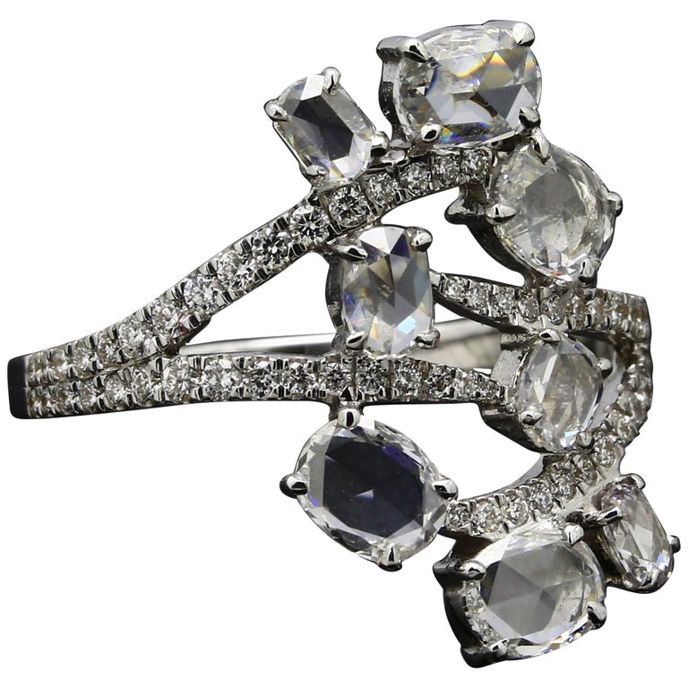 Panim 1.39 Carats Diamond Rosecut 18 Karat White Gold Floral Ring For ...