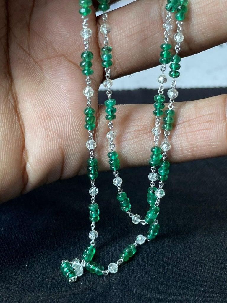 Panim 18k White Gold Diamond Beads and Emerald Necklace For Sale at 1stDibs