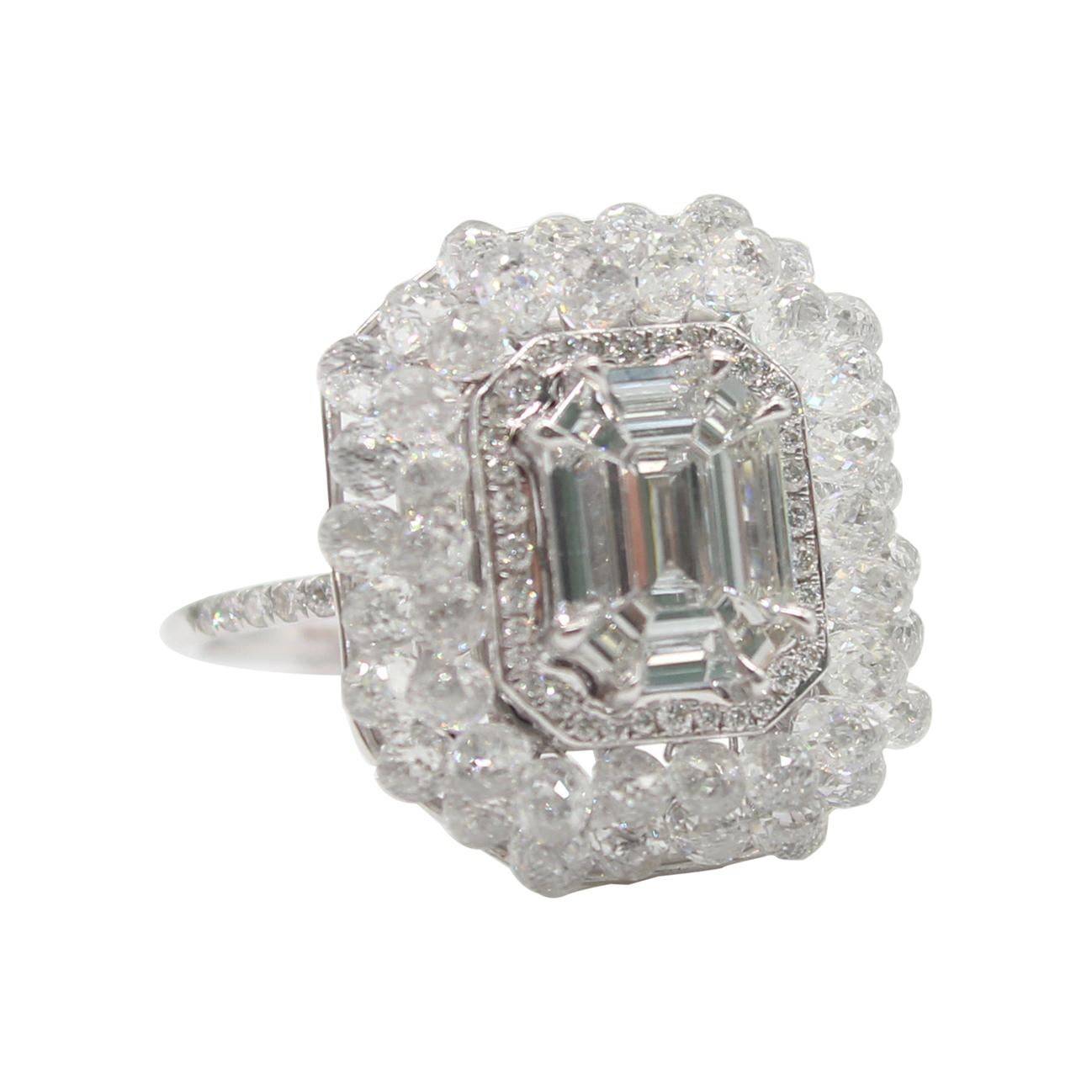 PANIM Floral Diamond Rosecut and Emrald Ring in 18 Karat White Gold For ...