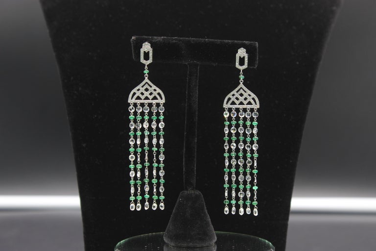 PANIM Rosecut Diamond and Emerald Tassel Earring in 18 Karat White Gold ...