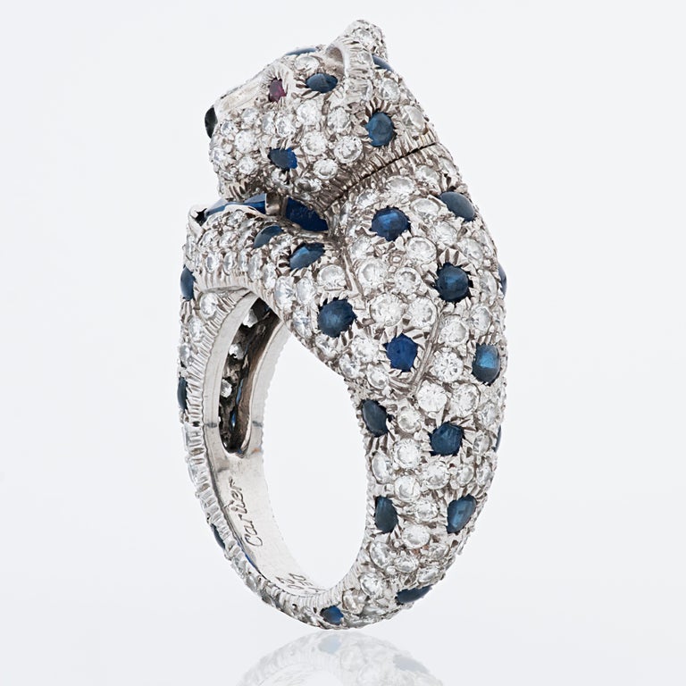 Panthere De Cartier 2.90 Carat Oval Sapphire, Diamond and Ruby Ring in ...