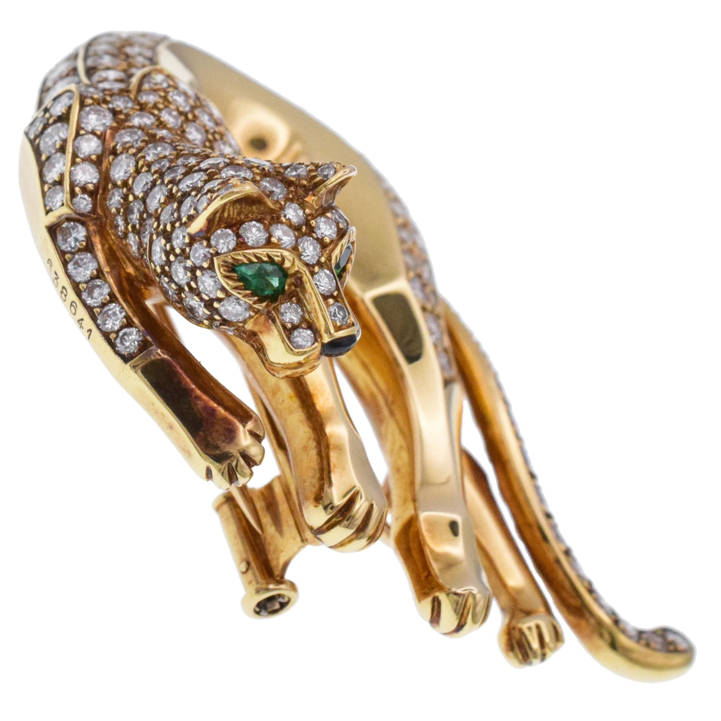 Panthère de Cartier! Diamond and Emerald Brooch For Sale at 1stDibs