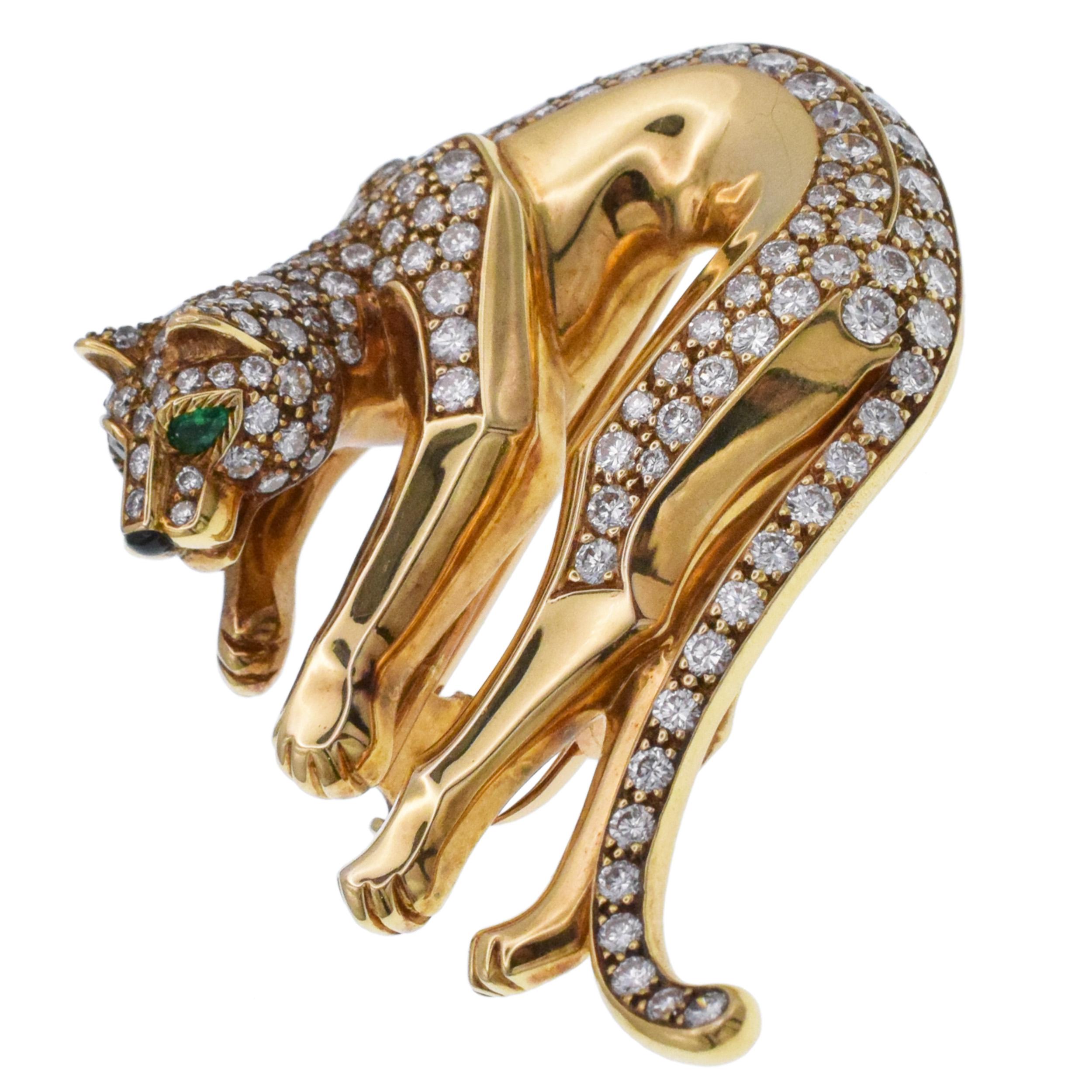 Panthère de Cartier! Diamond and Emerald Brooch For Sale at 1stDibs