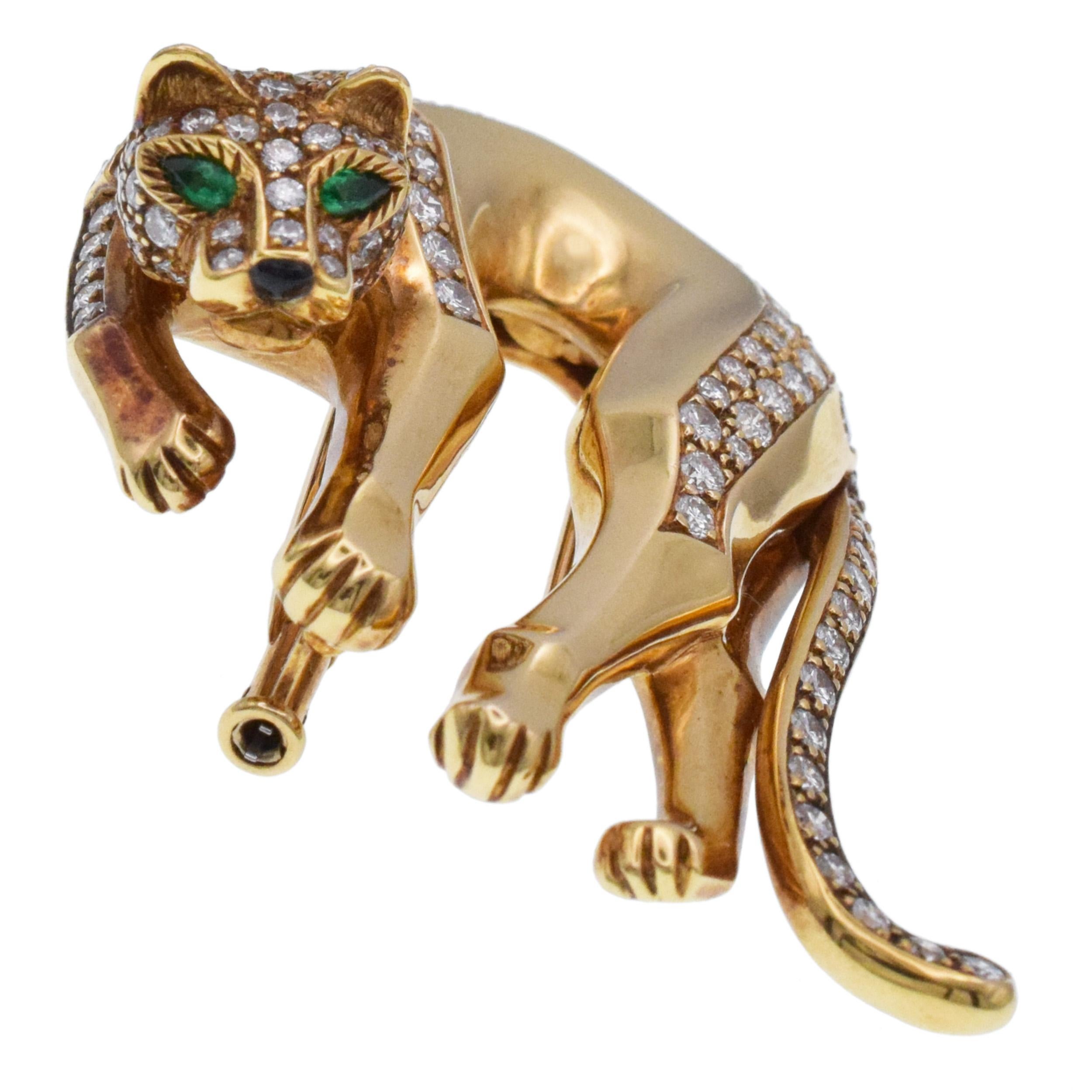 Panthère de Cartier! Diamond and Emerald Brooch For Sale at 1stDibs