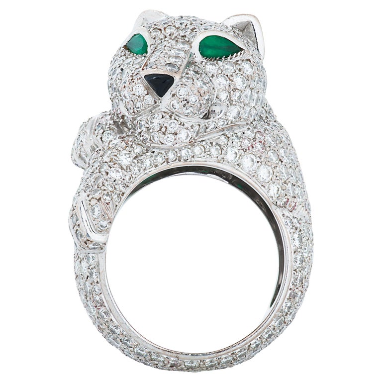 Panthere De Cartier Diamond, Emerald and Onyx Panther Head Ring in 18k ...