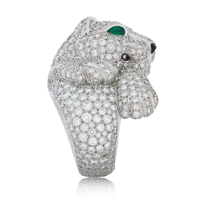 Panthere De Cartier Diamond, Emerald and Onyx Panther Head Ring in 18k ...