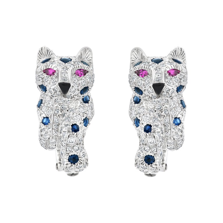 Panthere de Cartier Diamond, Sapphire, and Ruby Earrings in Platinum at ...