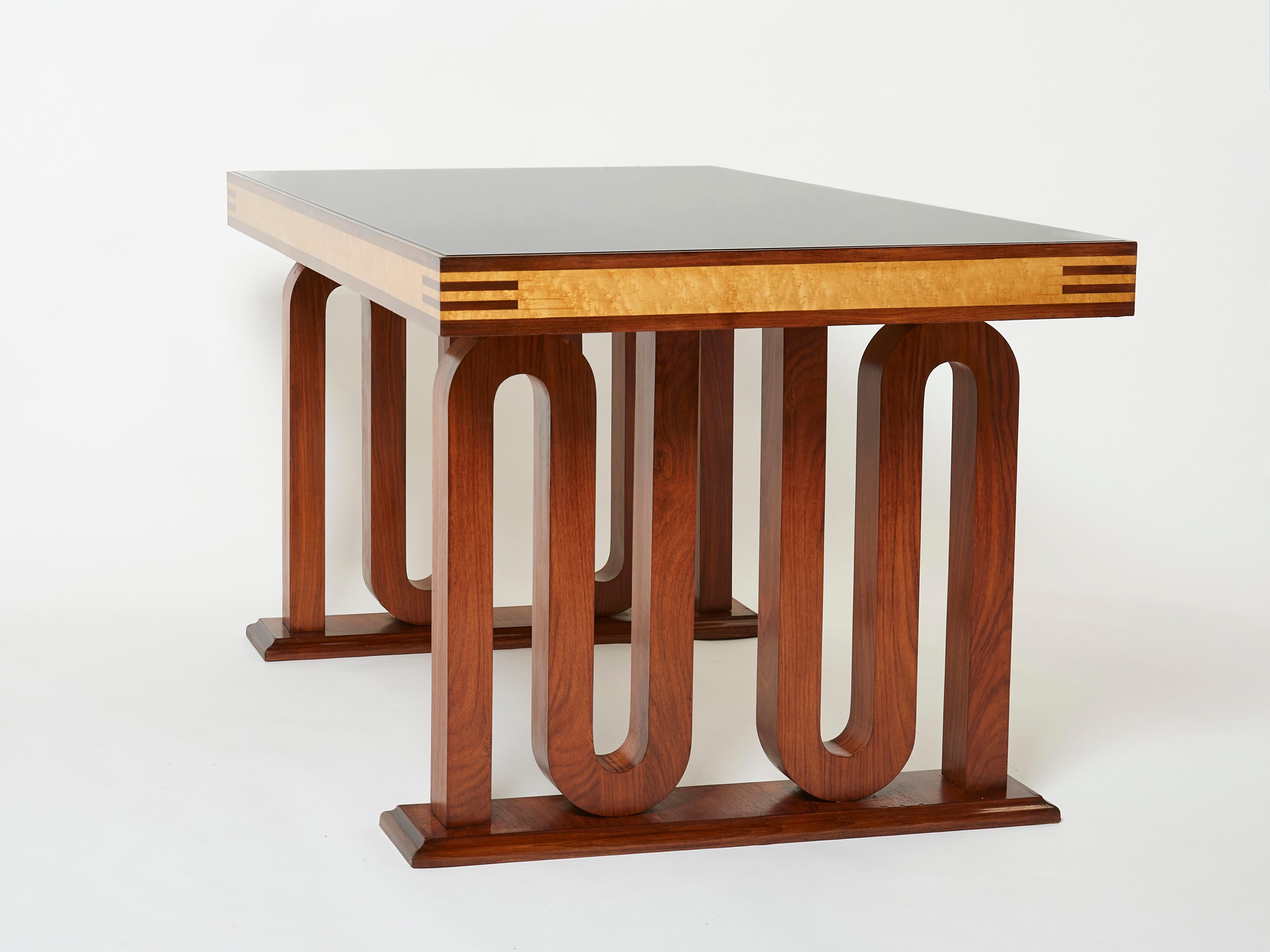 Paolo Buffa Italian rosewood maple black glass desk table 1940s at 1stDibs