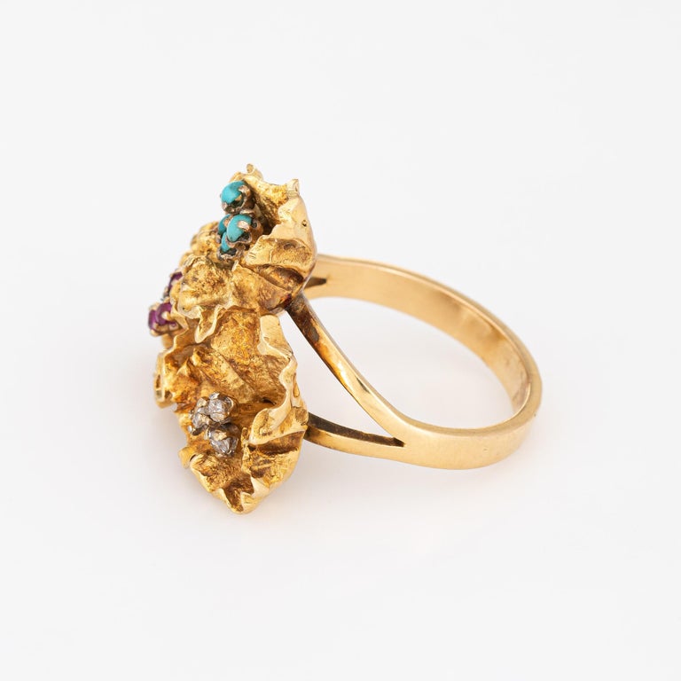 Paper Flowers Gemstone Ring Vintage 18 Karat Yellow Gold Ruby Turquoise ...