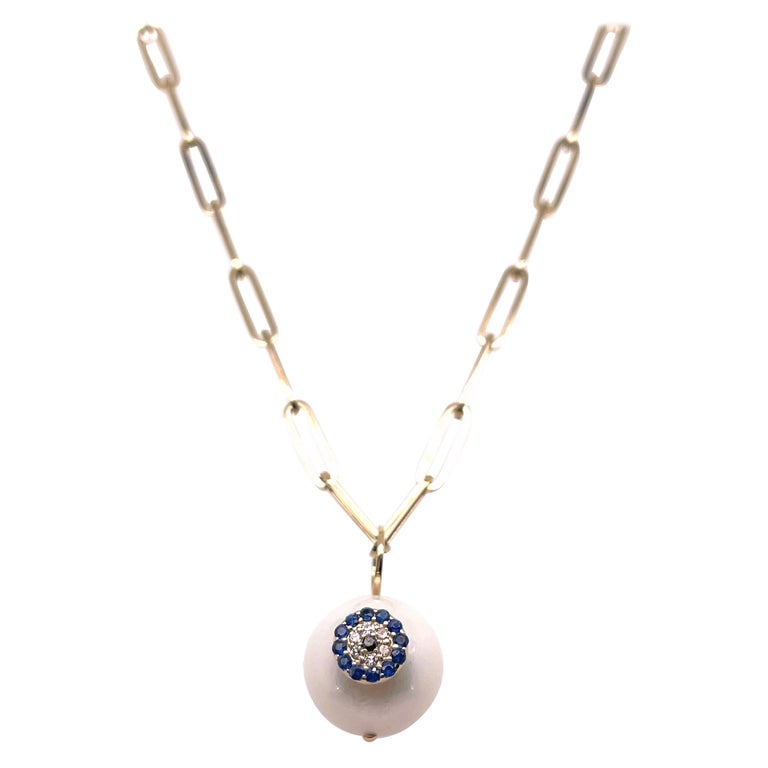 Paperclip Link Chain with Evil Eye Pearl Charm Pendant For Sale at 1stDibs