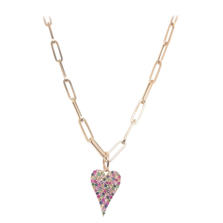 Paperclip Link Chain with Multicolor Gem Pendant For Sale at 1stDibs