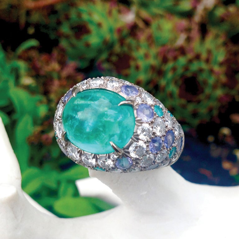 Paraiba Tourmaline, Diamond and Sapphire 18 Karat White Gold Ring For ...