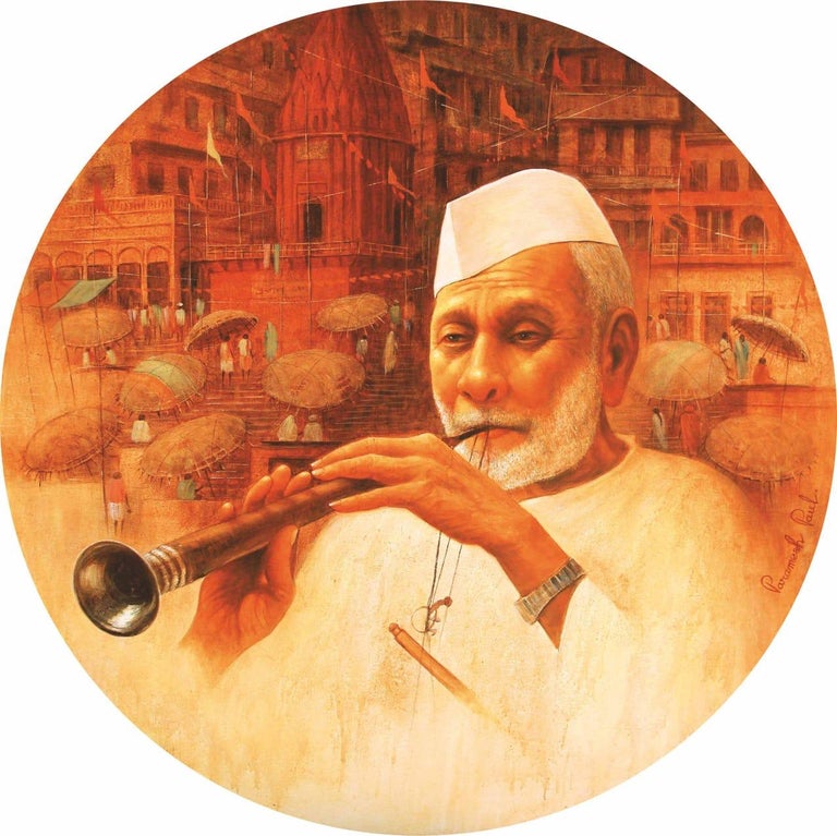 Paramesh Paul - Playing Music, Acrylic on Canvas Orange Yellow by ...