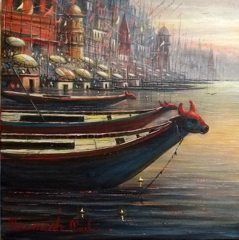 Paramesh Paul - Varanasi, Holy City, acrylique sur toile, marron de l ...