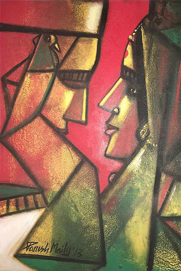 Paresh Maity - Couple,Oil Canvas, Red, Yellow,Green by Ace Indian ...