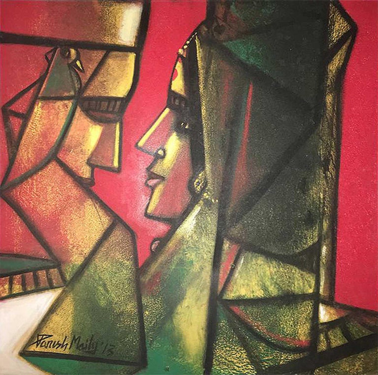 Paresh Maity - Couple,Oil Canvas, Red, Yellow,Green by Ace Indian ...