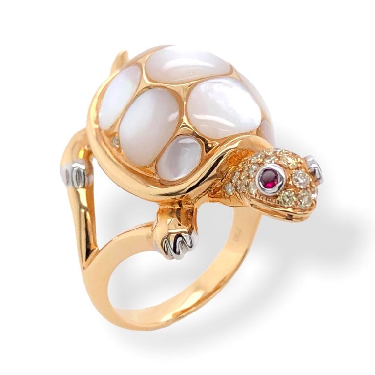 Paris Craft House Mother of Pearl Diamond Ruby Turtle Ring in 18 Karat ...