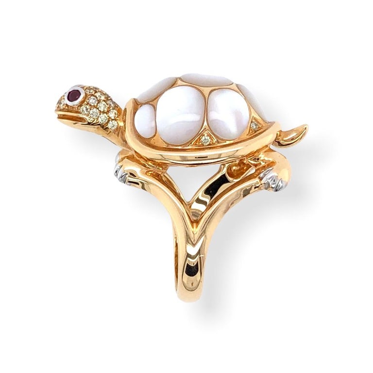 Paris Craft House Mother of Pearl Diamond Ruby Turtle Ring in 18 Karat ...