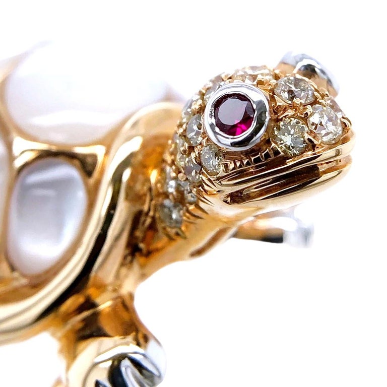 Paris Craft House Mother of Pearl Diamond Ruby Turtle Ring in 18 Karat ...