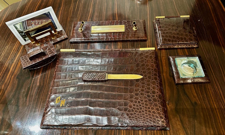 Paris Crocodile Skin 7 Piece Desk Set French Art Deco Complete For Sale ...
