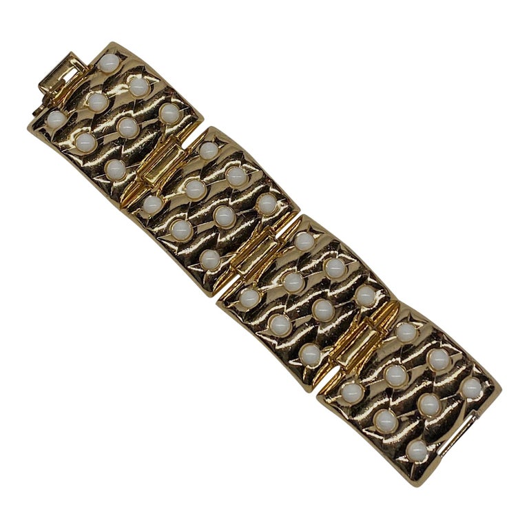 Oranium Paris, France 1950s Wide Gold Quilt and White Cabochon Bracelet ...