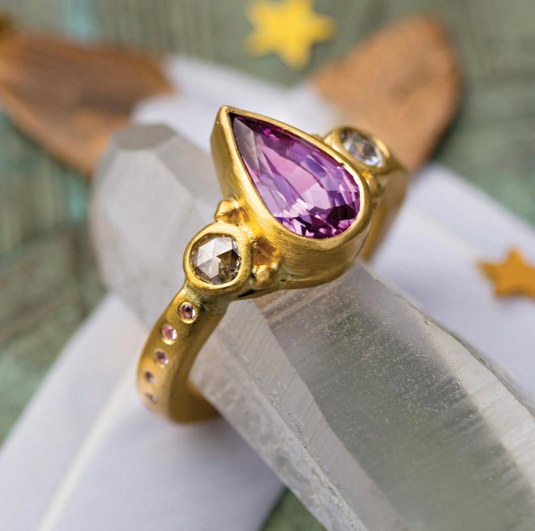 Paris and Lilly 22K Gold, Pear Shaped, Pink Sapphire and Diamond Ring ...