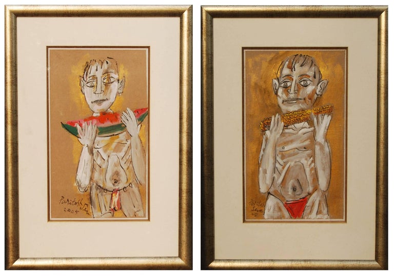 Paritosh Sen - Boy eating Fruit and Corn, Acrylic, Indian Artist ...