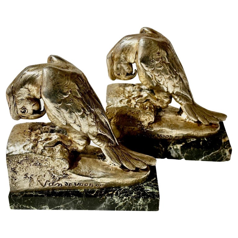 Parrot Art Deco Bookends by Georges Vandevoorde Silver Finish For Sale ...