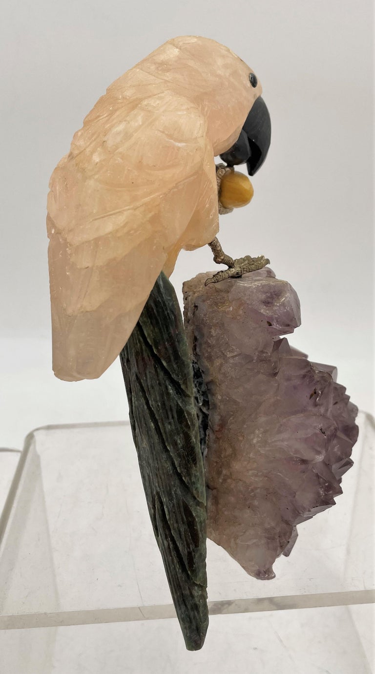Parrot Bird Carved Stone Sculpture on Amethyst For Sale at 1stDibs