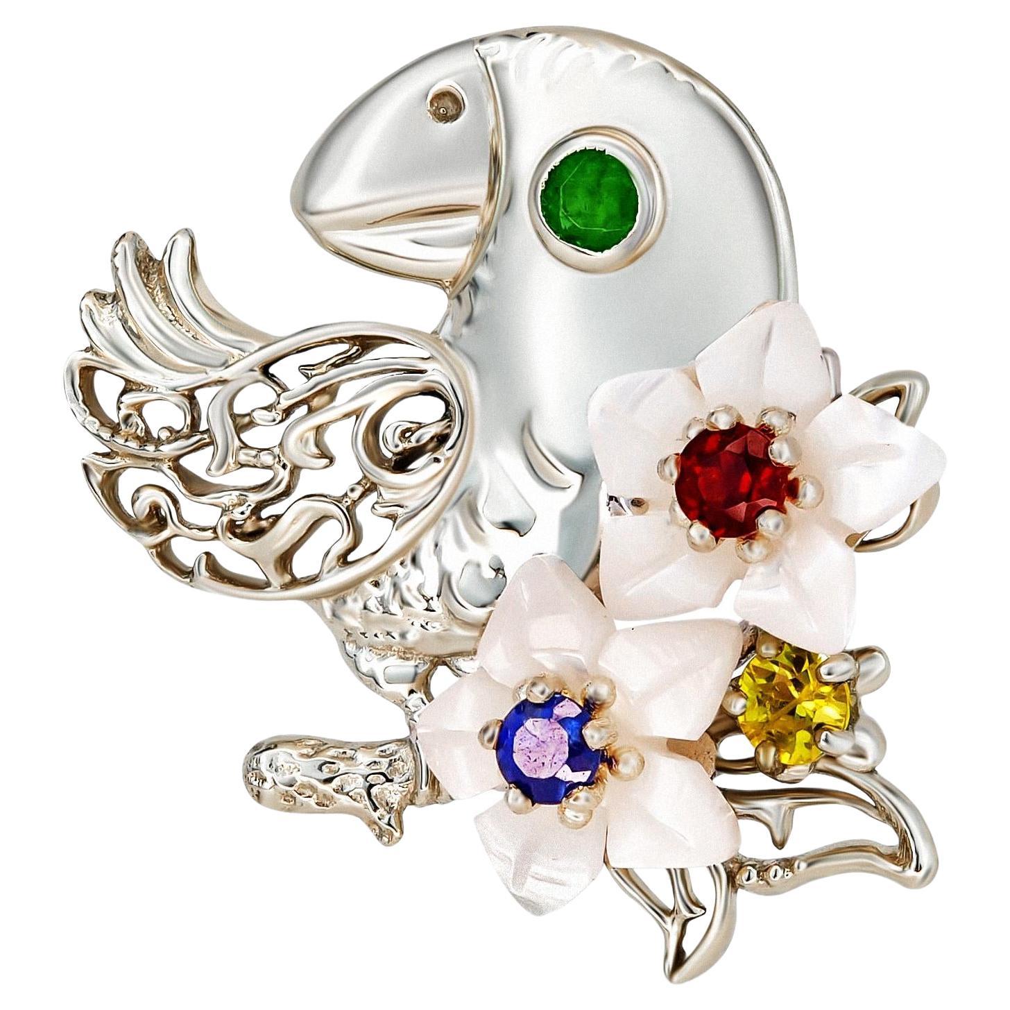Parrot on flowers pendant with colored gems in 14k gold For Sale at 1stDibs