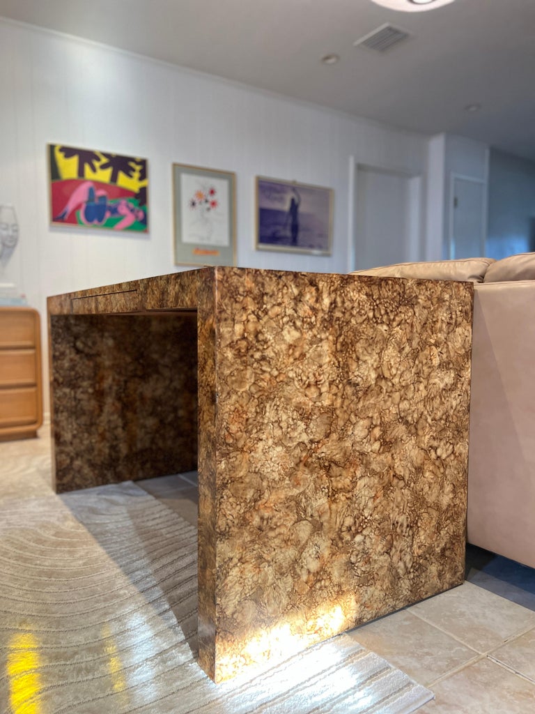 Parsons style mid century modern desk in a burl / faux tortoise shell ...