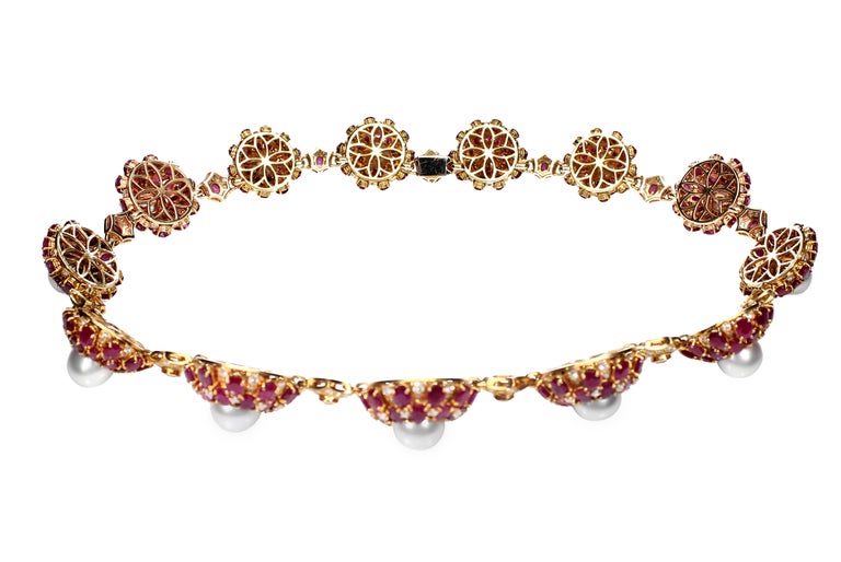 Parure with Rubies, Pearls and Diamonds in 18 Karat Yellow Gold at 1stDibs