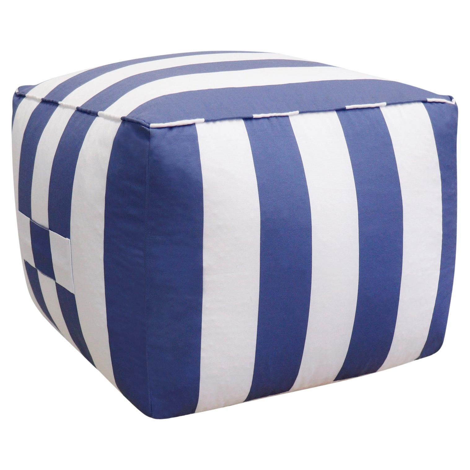 Blue Leather and Fabric Vanity Pouf For Sale at 1stDibs