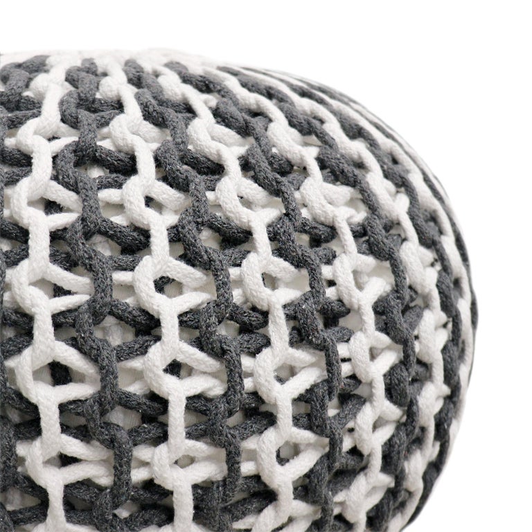 Pasargad Home Round Premium Cotton Pouf Ottoman, Ivory/Grey For Sale at ...