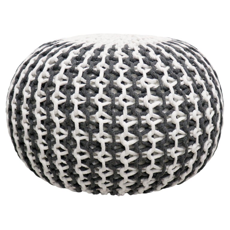Pasargad Home Round Premium Cotton Pouf Ottoman, Ivory/Grey For Sale at ...