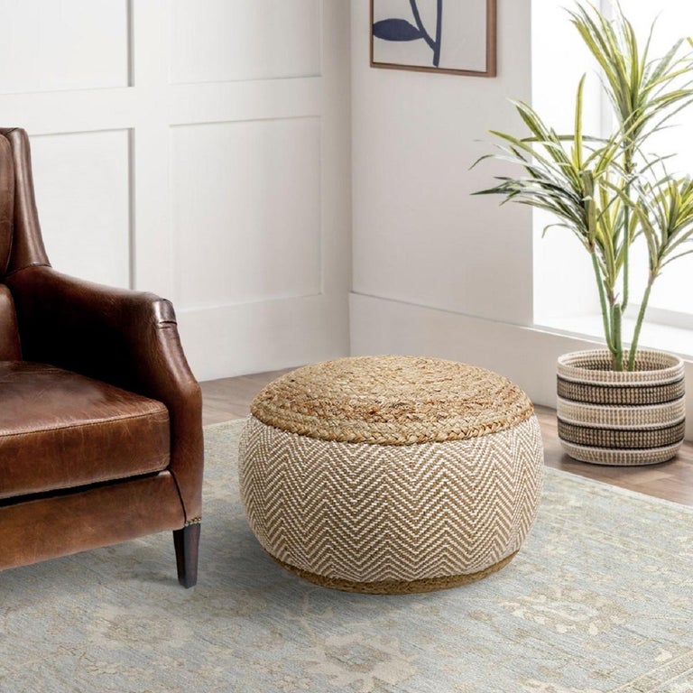 Pasargad Home Round Premium Jute and Cotton Pouf Ottoman For Sale at ...
