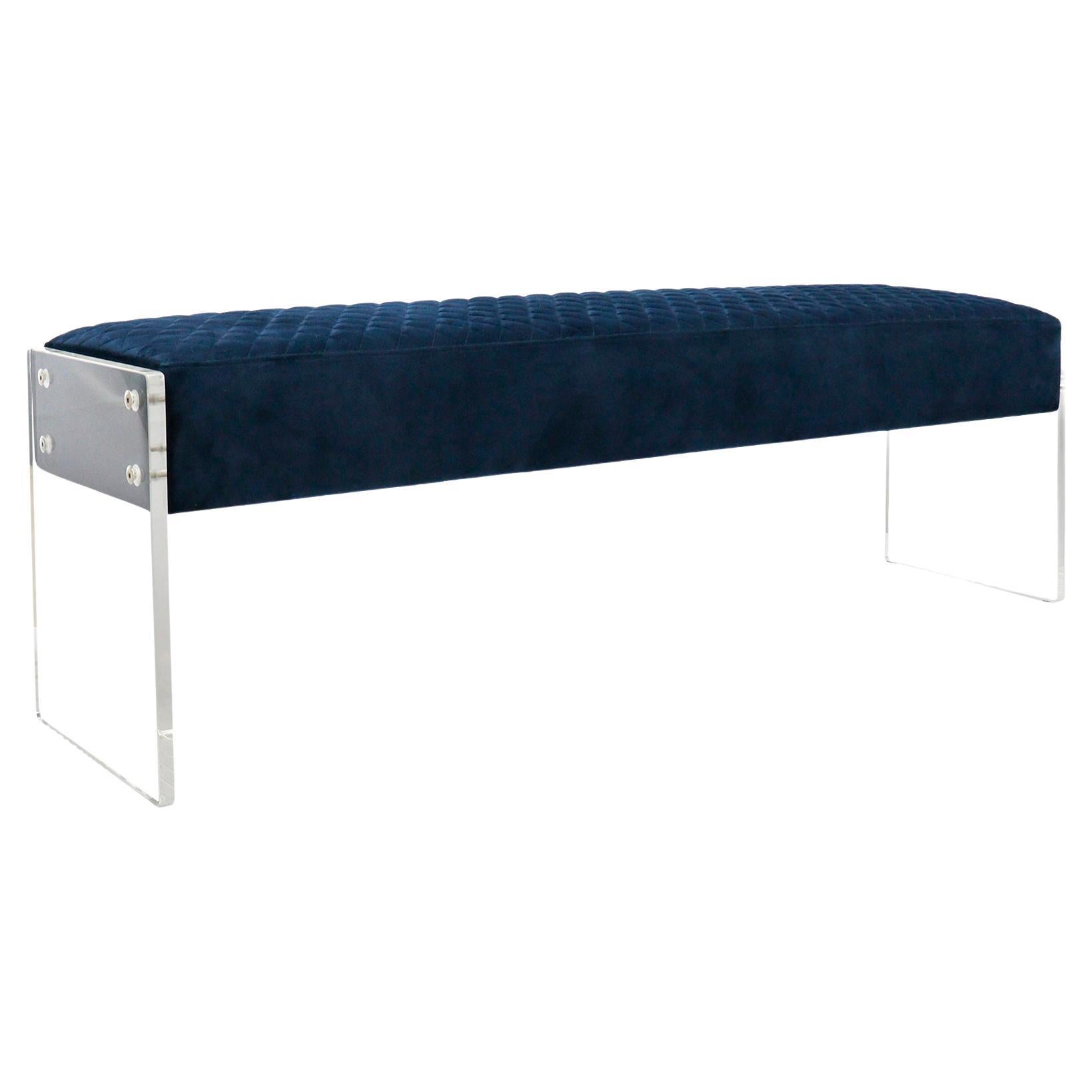 Walnut Boomerang Bench in Navy Velvet at 1stDibs