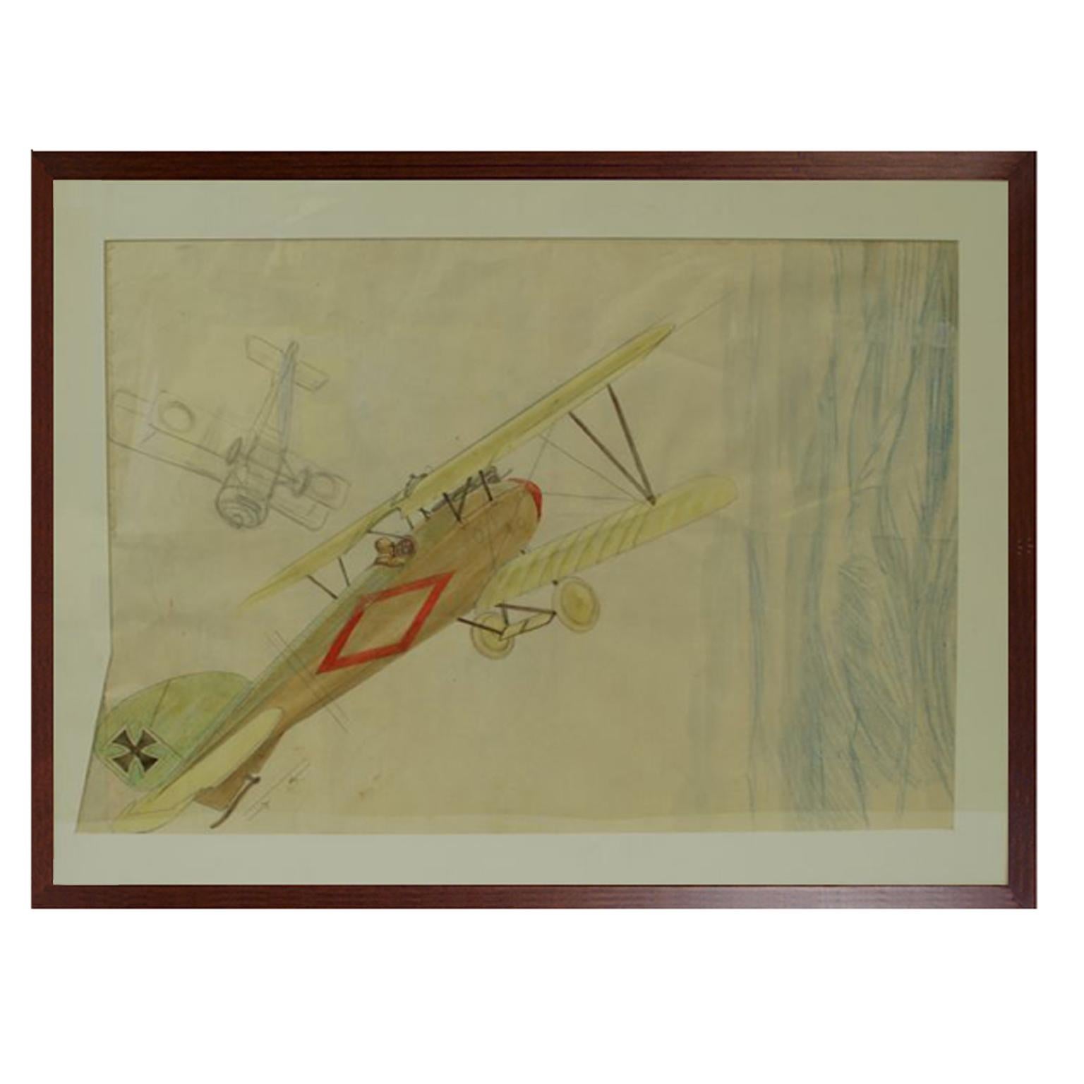 Pastel and Pencil Drawing Represents the Albatros DV A For Sale at 1stDibs