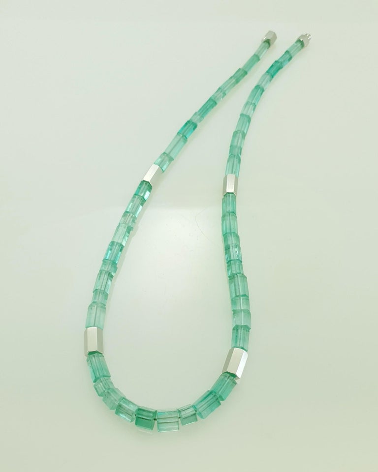 Pastel Green Beryl Crystal Beaded Necklace with 18 Carat Mat White Gold ...